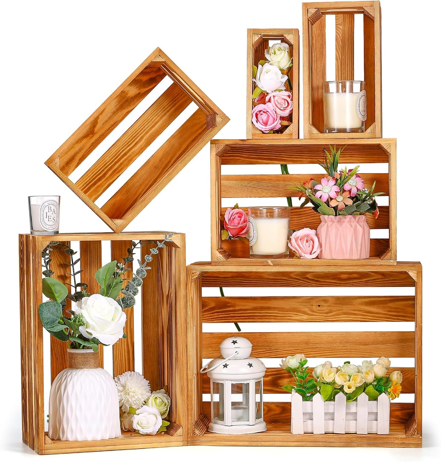 Set of 6 Decorative Wood Crates Nesting Storage Container, 6 Size ...