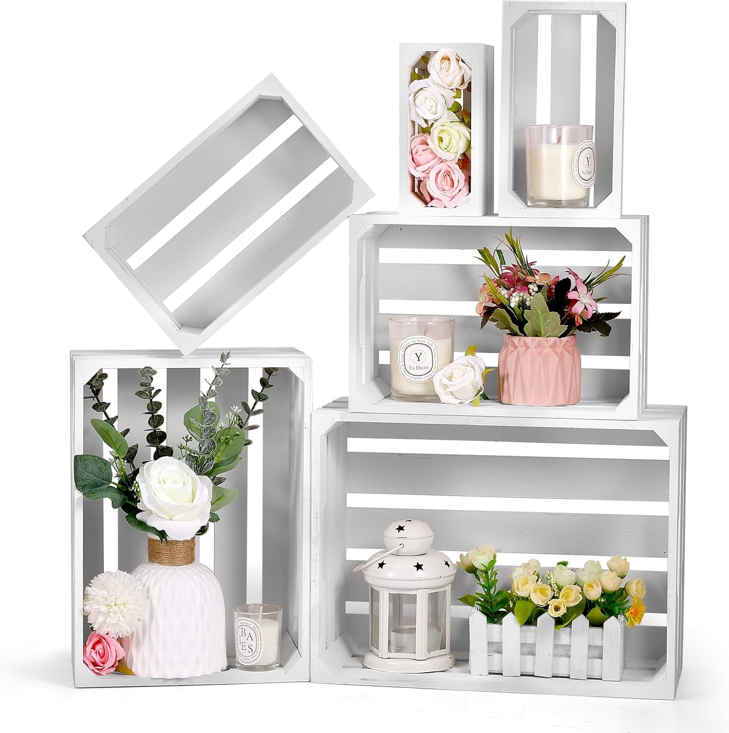 Set of 6 Decorative Wood Crates Nesting Storage Container, 6 Size ...