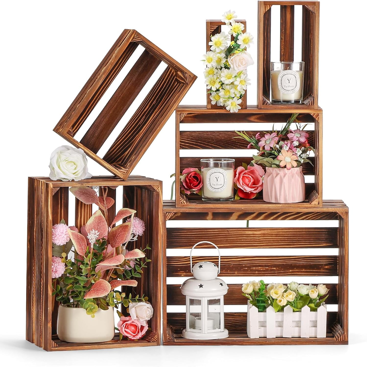 Set of 6 Decorative Wood Crates Nesting Storage Container, 6 Size ...