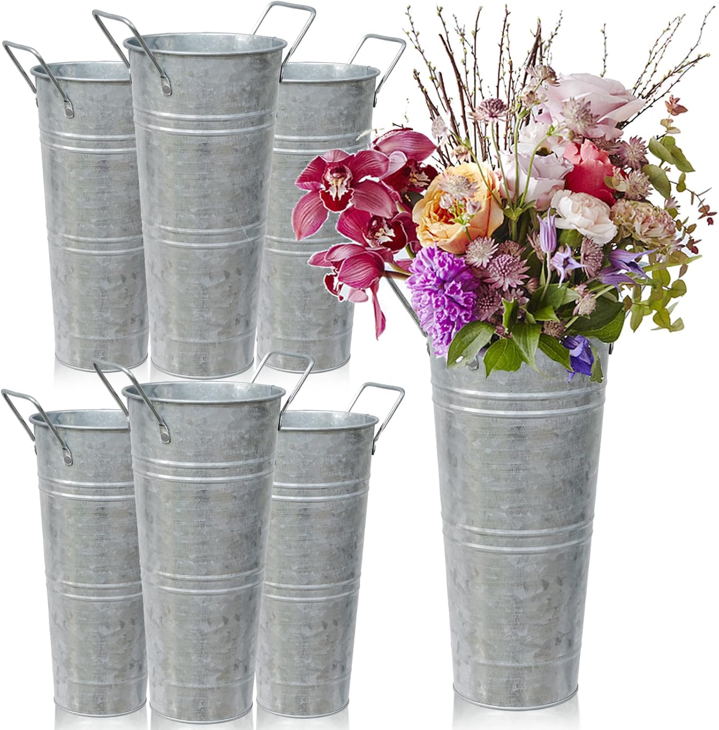 Set of 6 Galvanized Metal Vases Farmhouse French Flowers Bucket Vase ...