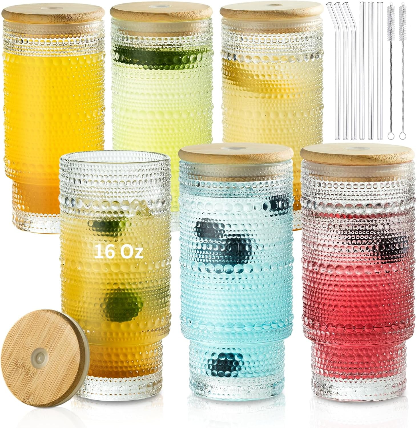 Set of 6 Hobnail Drinking Glasses with Cool Glassware Lid and Straw ...