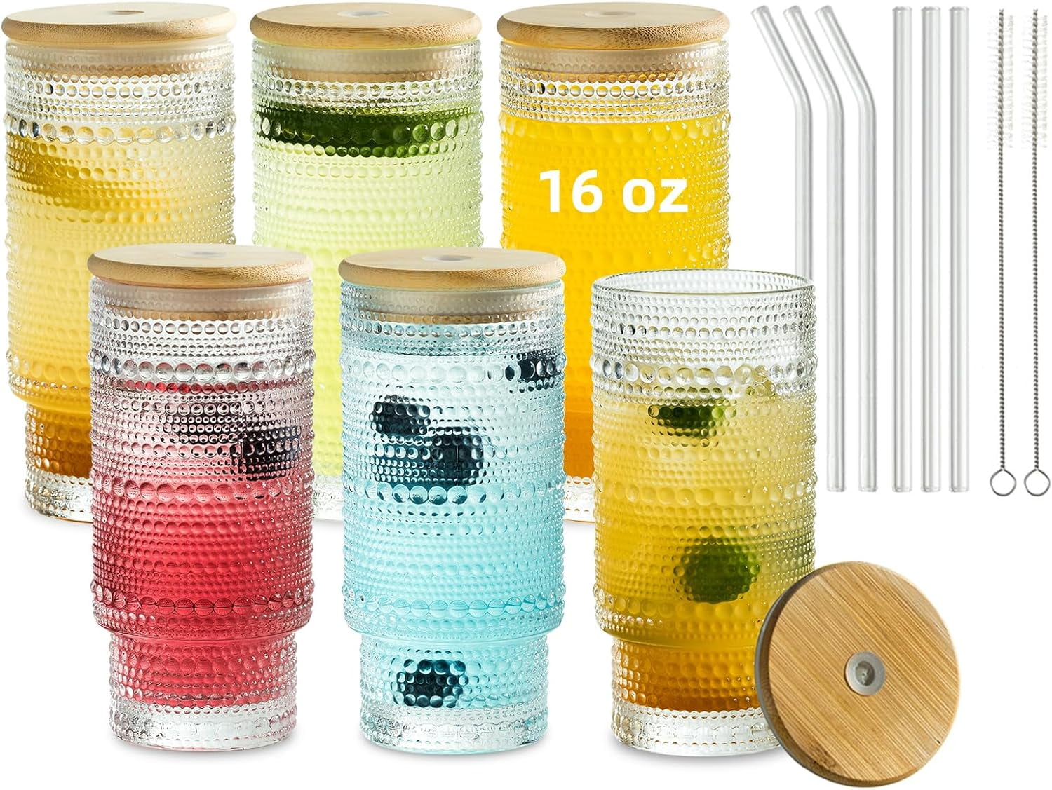Set of 6 Hobnail Drinking Glasses with Cool Glassware Lid and Straw ...