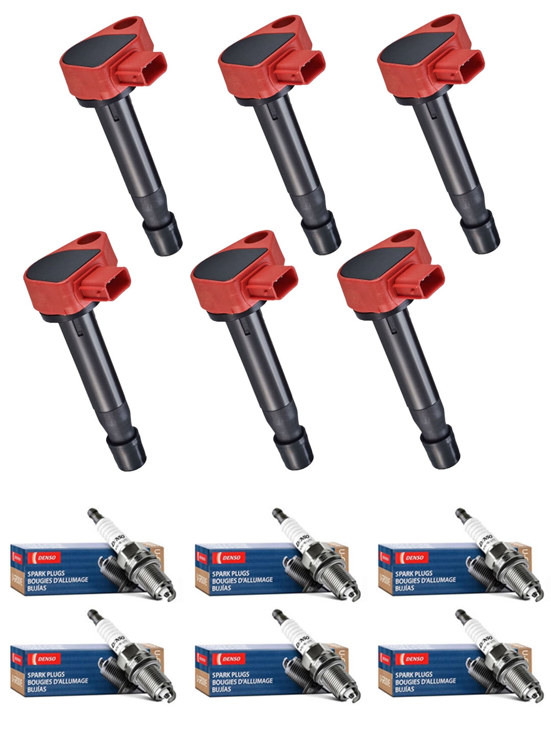 Set of 6 ISA Red Color Ignition Coils and 6 Denso Spark Plugs replace ...