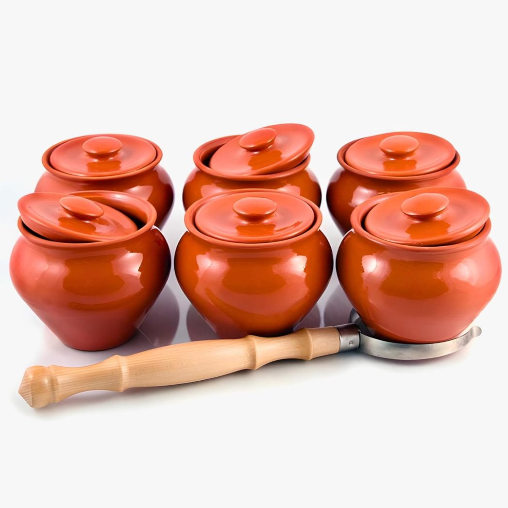 Set of 6 Natural Clay Stoneware Baking Ramekins with Lids & 1 Oven Fork ...