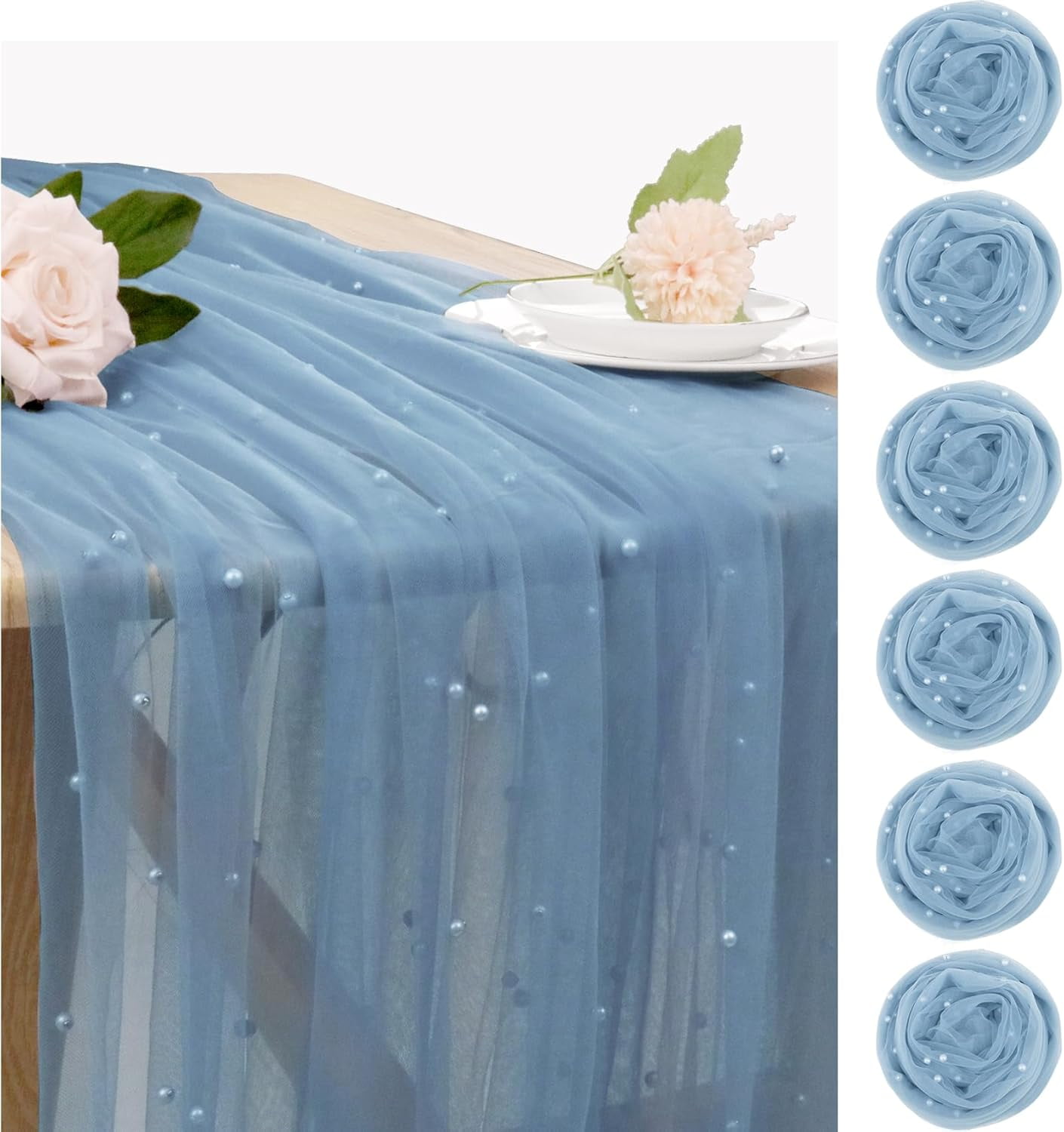 Set of 6 Pearl Table Runner 29 x 120 Inch Dusty Blue Tulle Fabric Lace ...