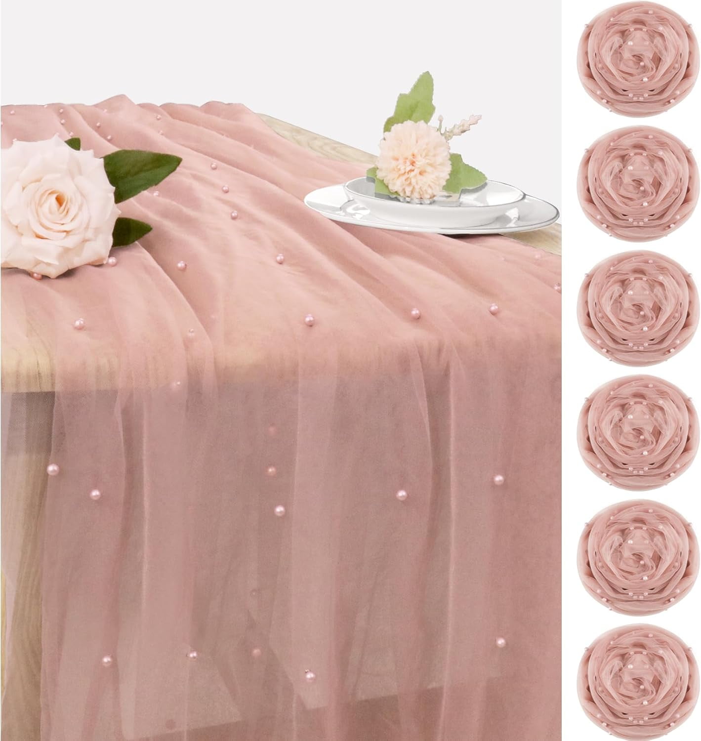 Set of 6 Pearl Table Runner 29 x 120 Inch Dusty Pink Tulle Fabric Lace ...