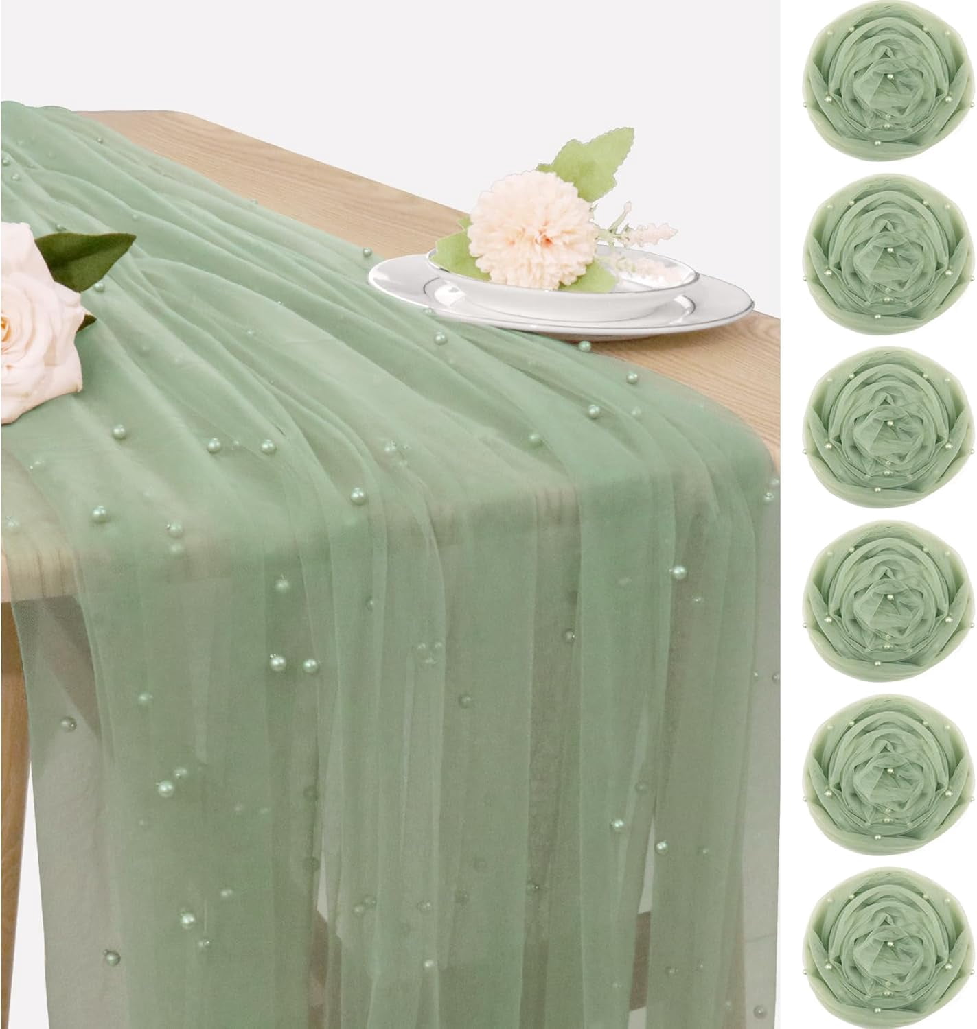 Set of 6 Pearl Table Runner 60 x 120 Inch Sage Green Tulle Fabric Lace ...