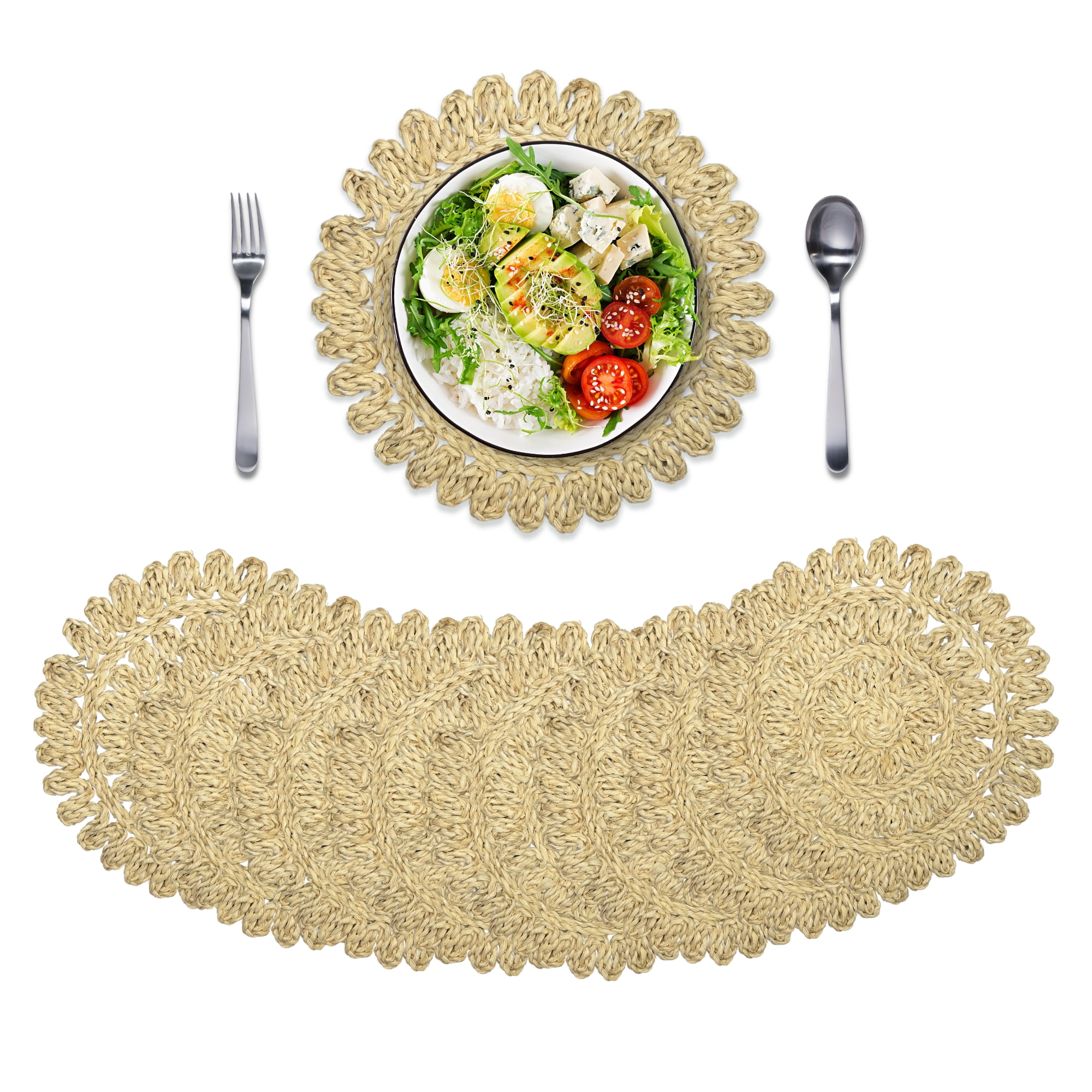 Set of 6 Round Corn Husk Placemats 14.5", Boho Woven Placemats, Natural ...