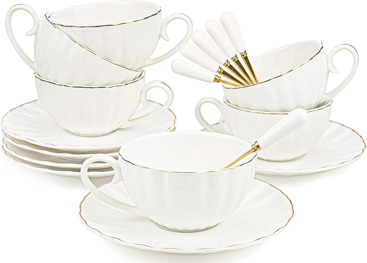 Set of 6 Royal Tea Cups and Saucers with Gold Trim, 8 oz White ...