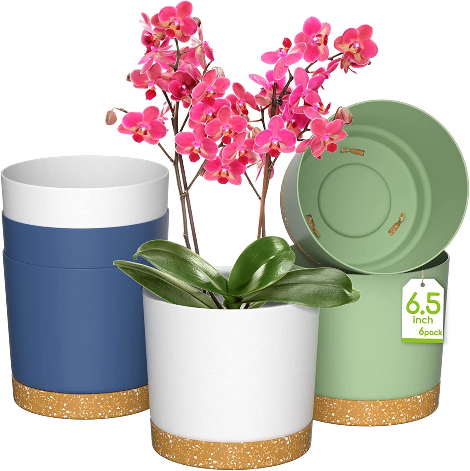 Set of 6 Self Watering Plastic Plant Pots, 6.5in Diameter x 6.1in ...