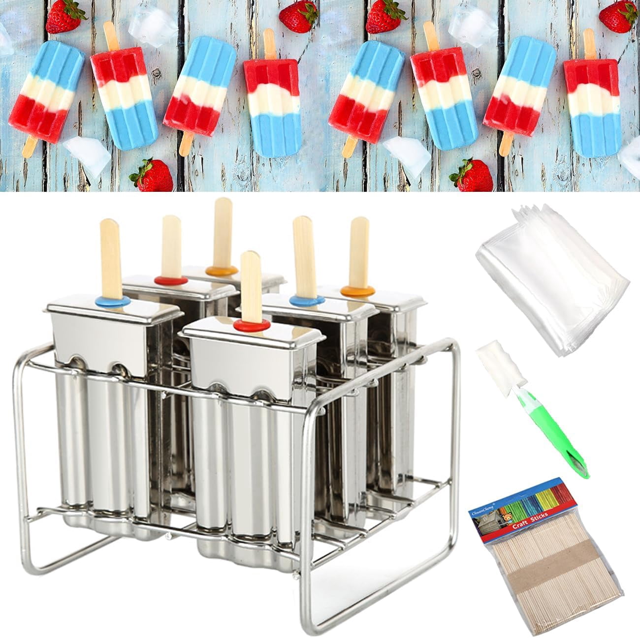 Set of 6 Stainless Steel Popsicle Molds Kit, Homemade Ice Treat ...