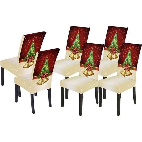 Set of 6 Stretch Christmas Dining Chair Slipcovers Christmas Pine Bells ...