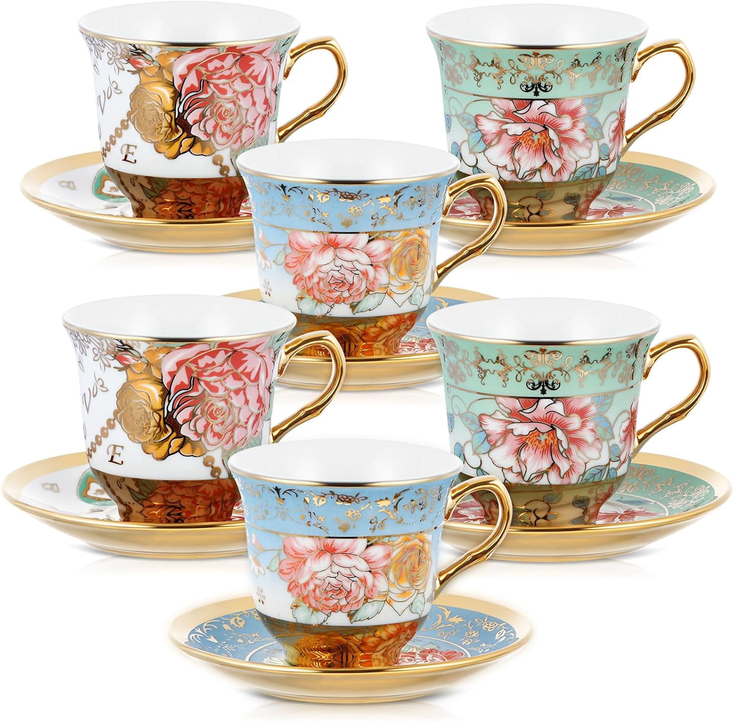 Set of 6 Tea Cups and Saucers Tea Party Decorations Floral Porcelain 5. ...