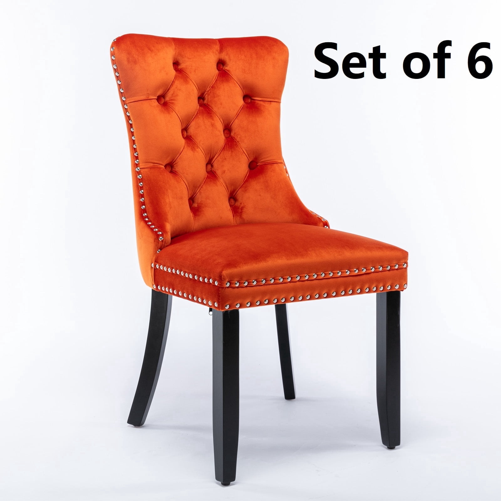 Set of 6 Velvet Fabric Dining Chairs Luxury Tufted Back with Nailed ...