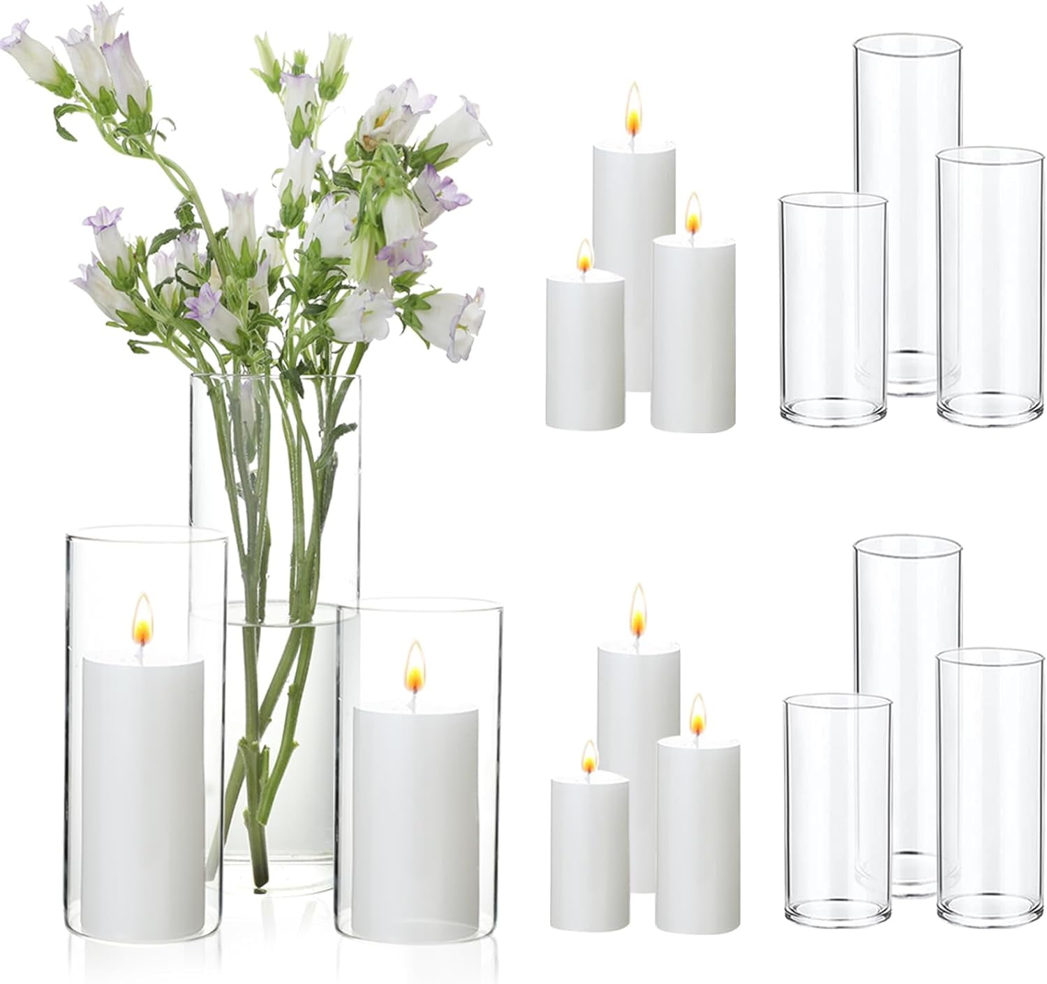 Set of 6 White Pillar Candles and 6 Glass Cylinder Vases Hurricane ...