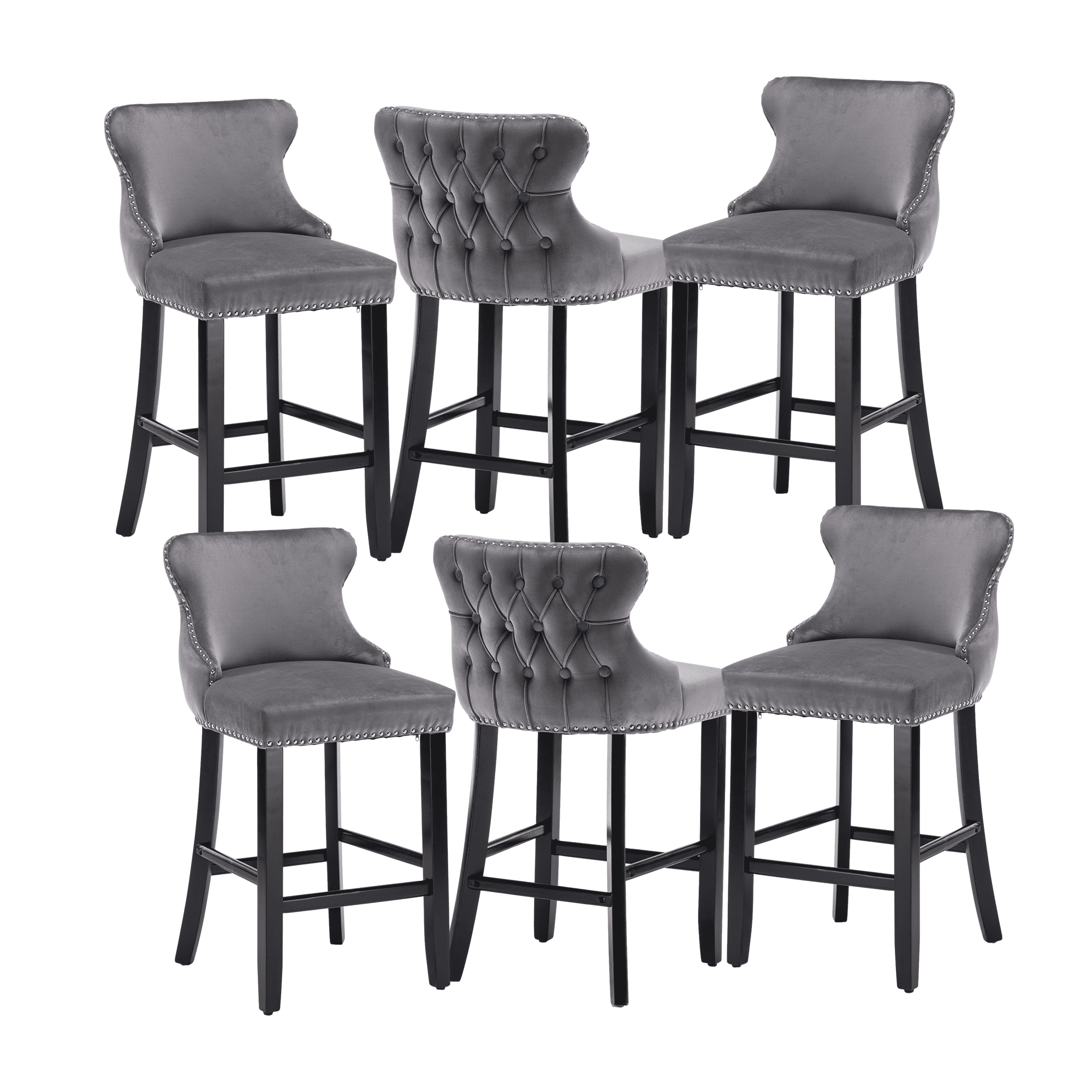 Set of 6 Wingback Upholstered Bar Stools with Nailhead Trim, Velvet ...