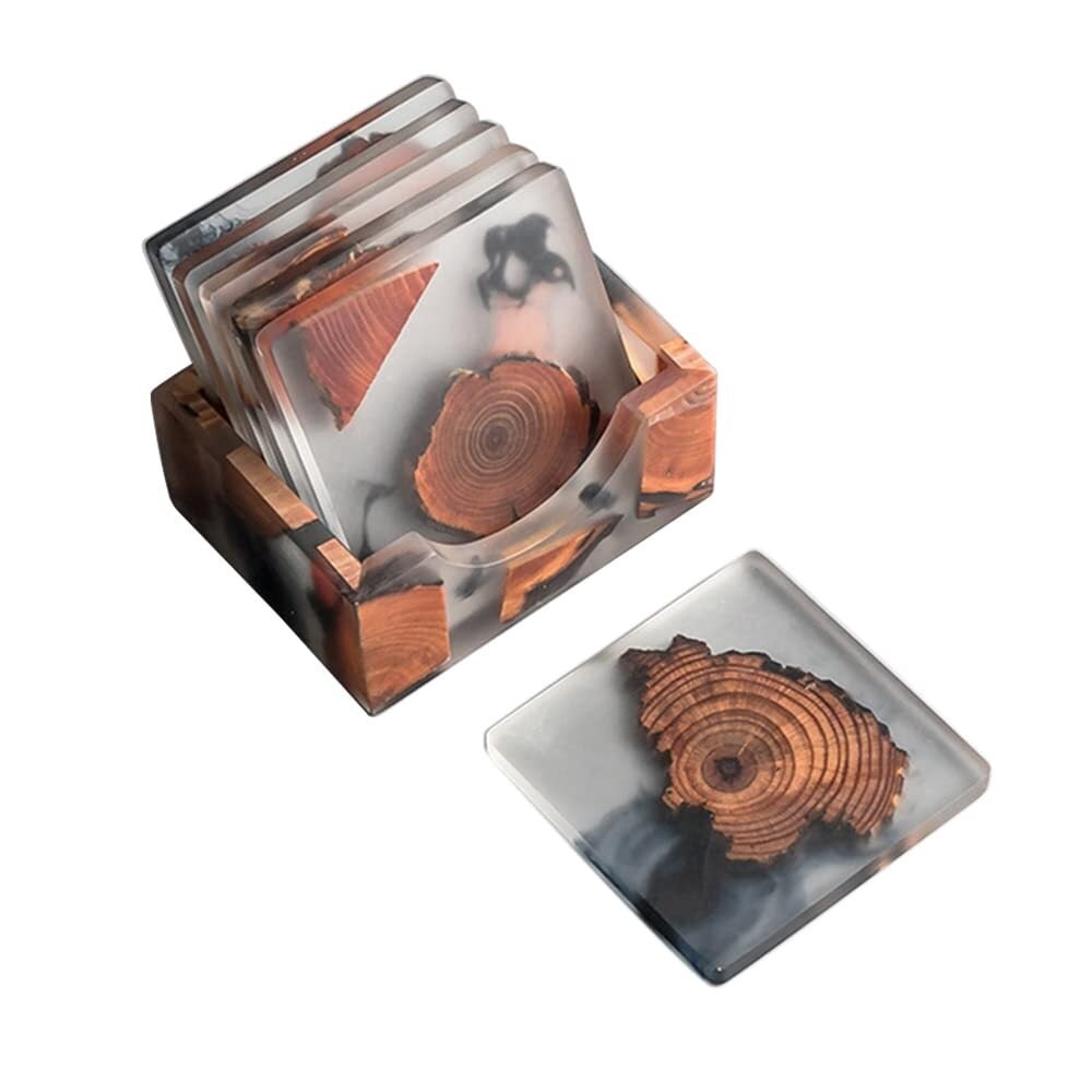Set of 6 Wood Coasters with Holder, Resin Epoxy Coaster for Drinks ...