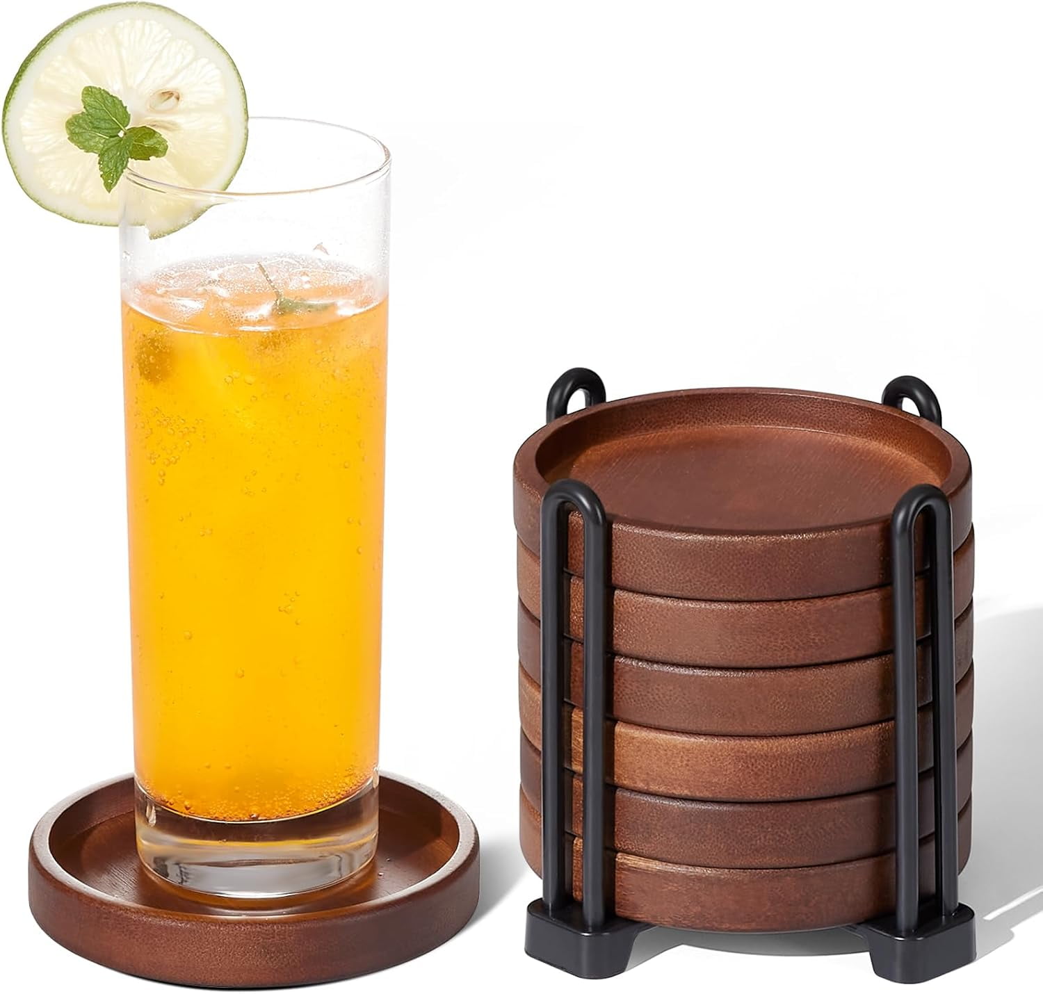 Set of 6 Wooden Coasters With Holder - Coffee Table Coasters for Drinks ...