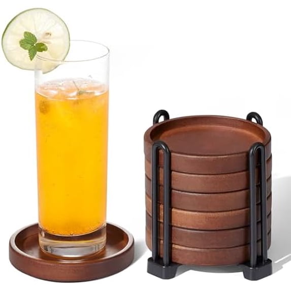 Set of 6 Wooden Coasters With Holder - Coffee Table Coasters for Drinks ...