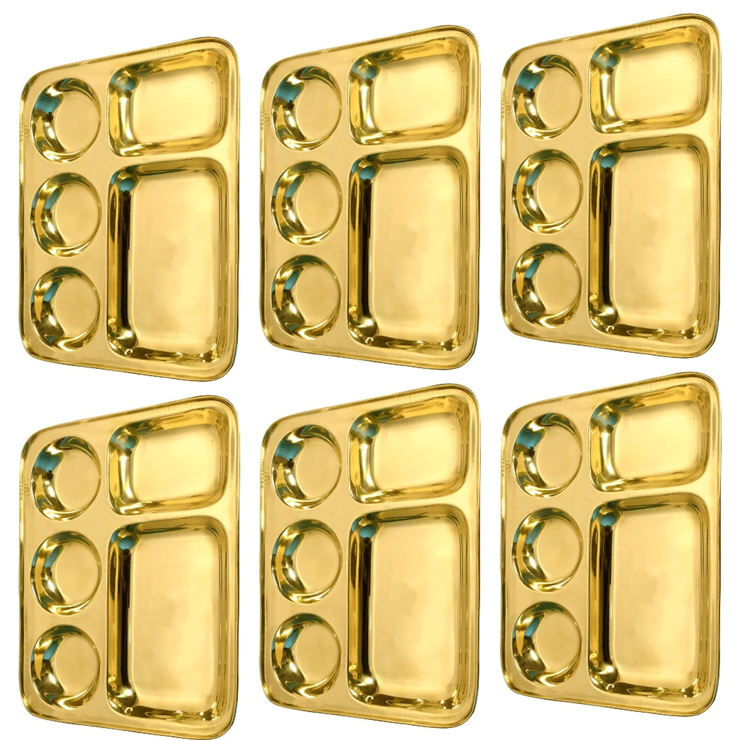 Set Of 6 Yellow Brass Rectangular Shape Tray For Lunch Or Dinner | 5-in-1 Design Rectangular ...