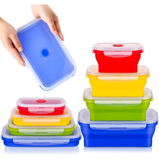 Set of 8 Collapsible Food Storage Containers with Lids Silicone Flat ...