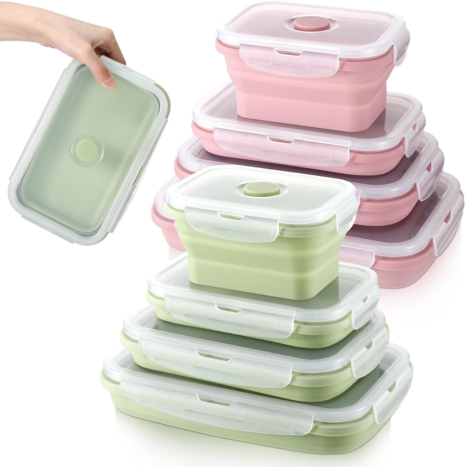 Set of 8 Collapsible Silicone Food Storage Containers 12 oz 17 oz 27 oz ...