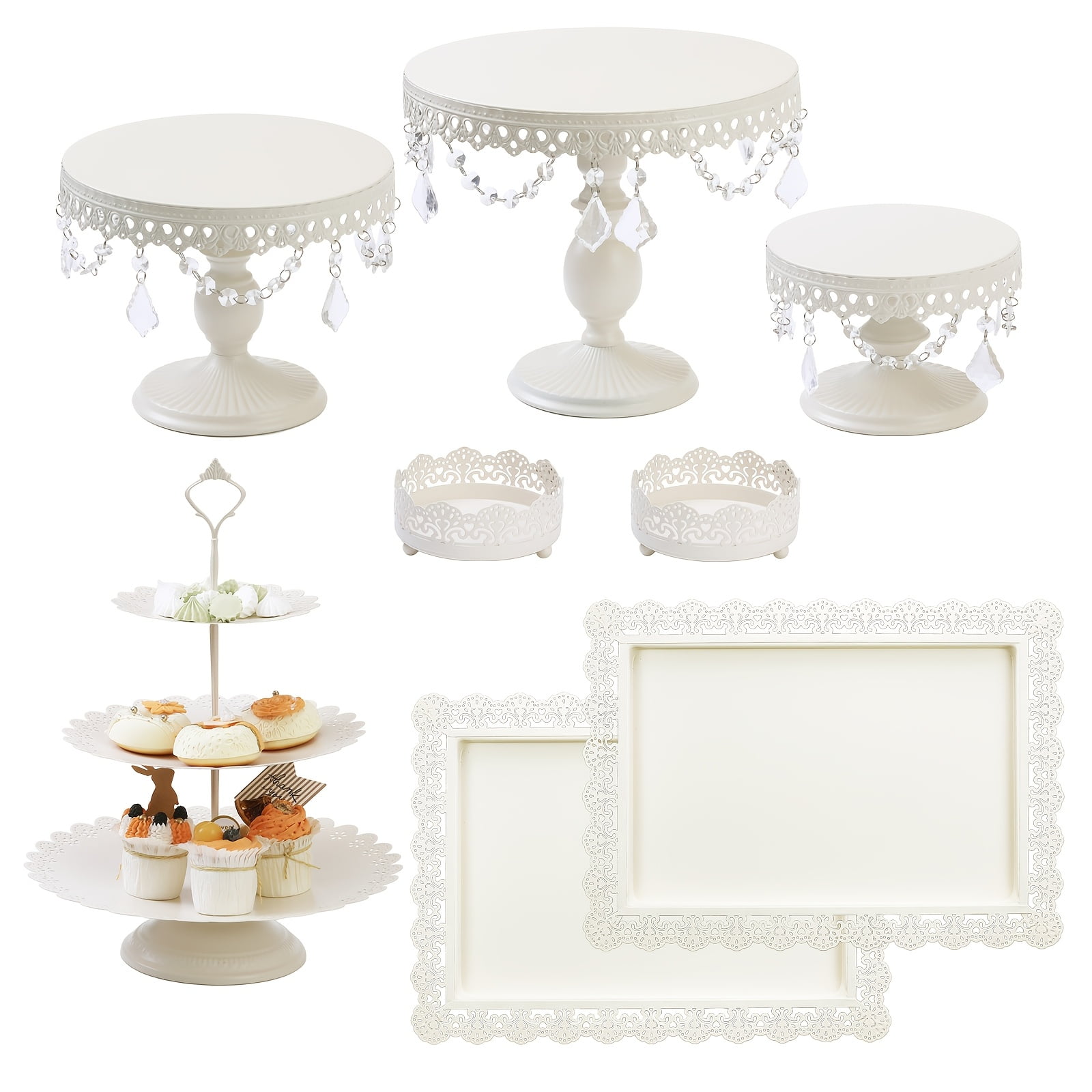 Set of 8 Golden Cake Stands with Crystal Bling Pendants | Round Metal ...