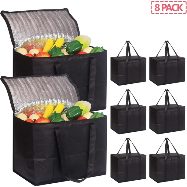 Set of 8 Large Insulated Reusable Grocery Bags with Sturdy Zipper and ...