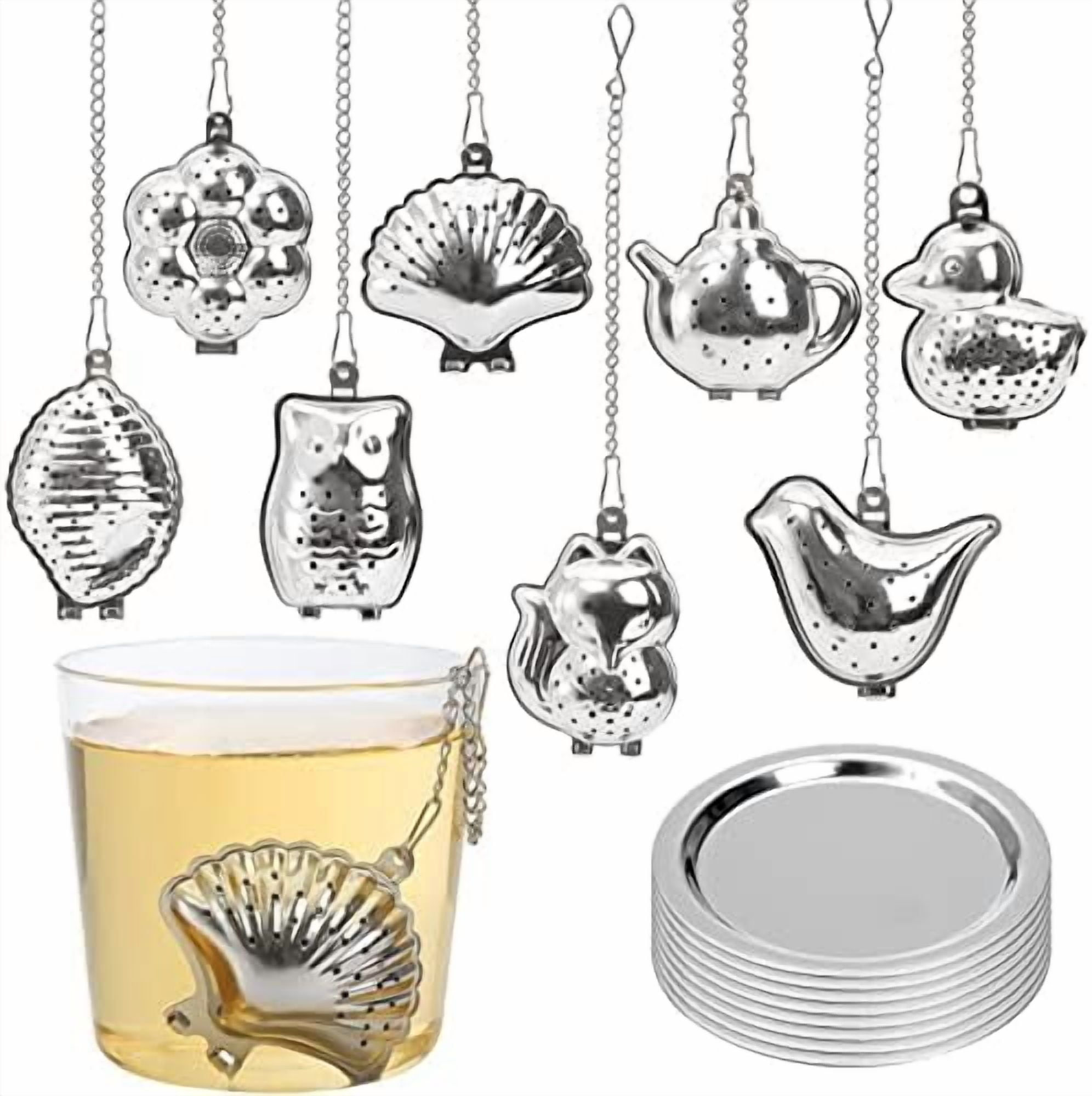 Set of 8 Loose Leaf Tea Infusers with Chain and 8 Drip Trays, 18/8 ...