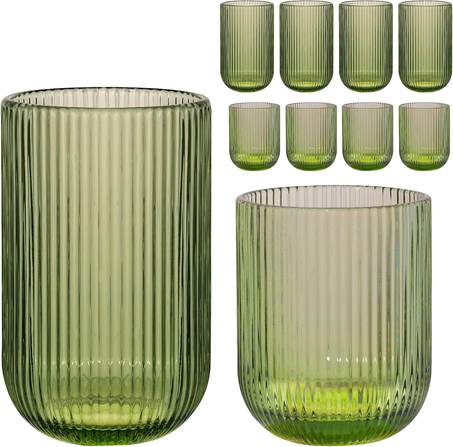 Set of 8 Ribbed Glassware,4 Highball Glasses 14oz & 4 Rocks Drinking ...