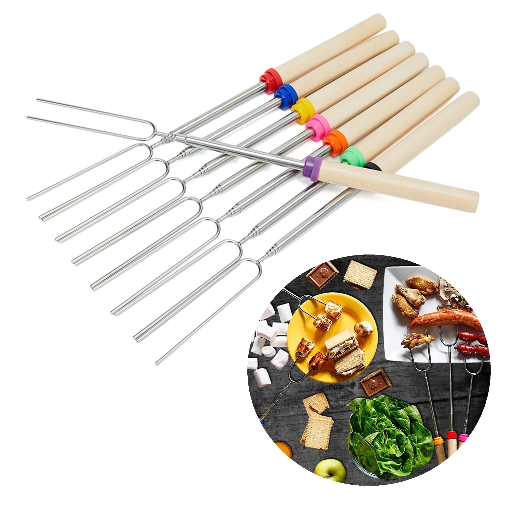 Set of 8 Skewers Marshmallow Roasting Sticks Wooden Handle Telescoping Forks 32.28 inch with ...