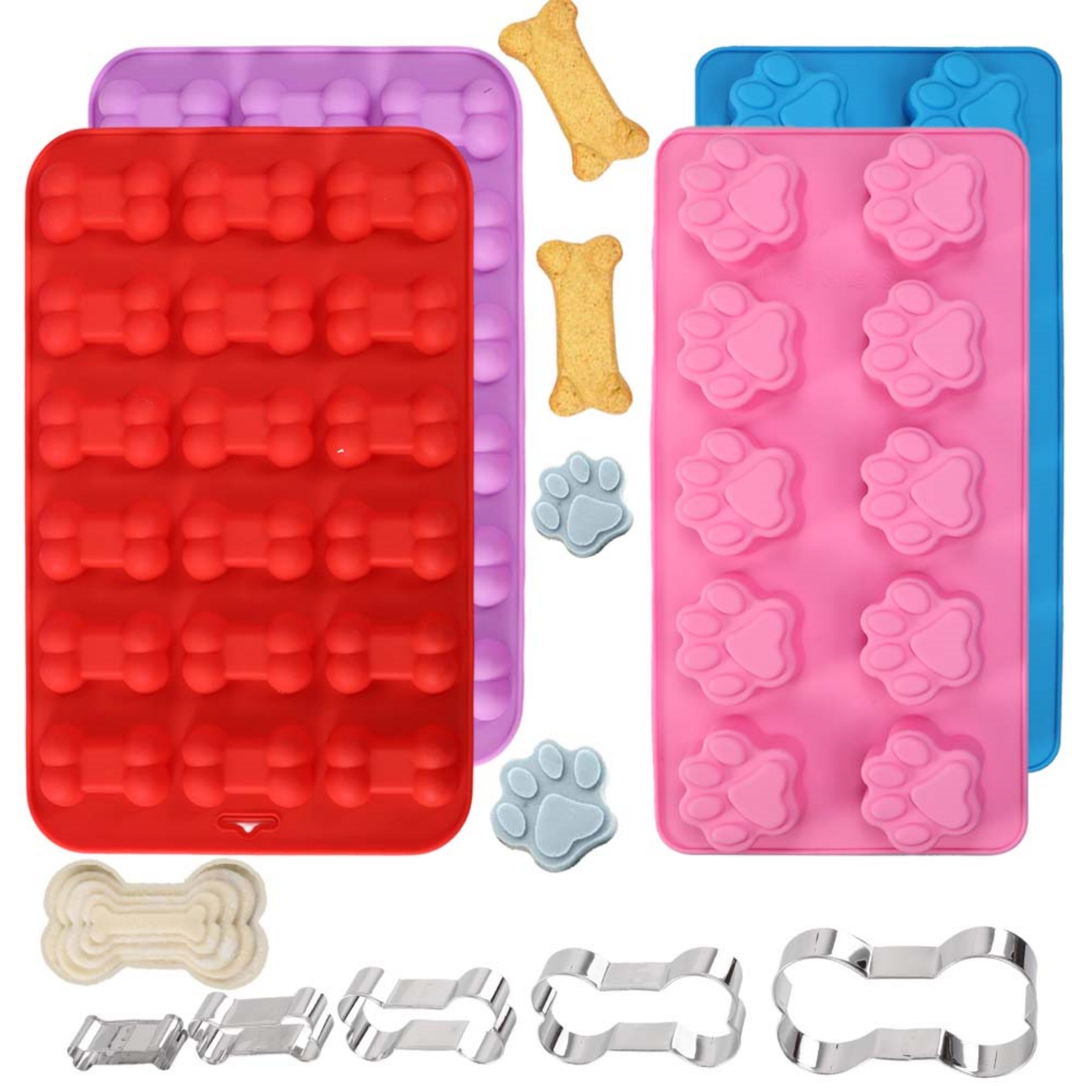 Set of 9-4pcs Silicone Dog Treat Molds and 5 Stainless Steel Bone ...