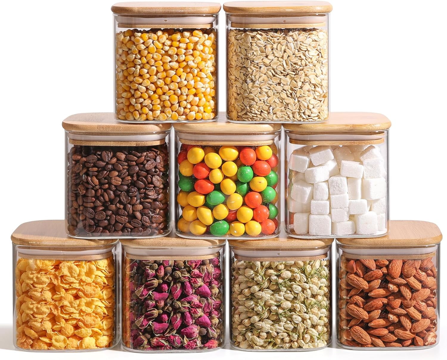 Set of 9 Glass Food Storage Jars 24oz, Clear Glass Containers with Lids ...