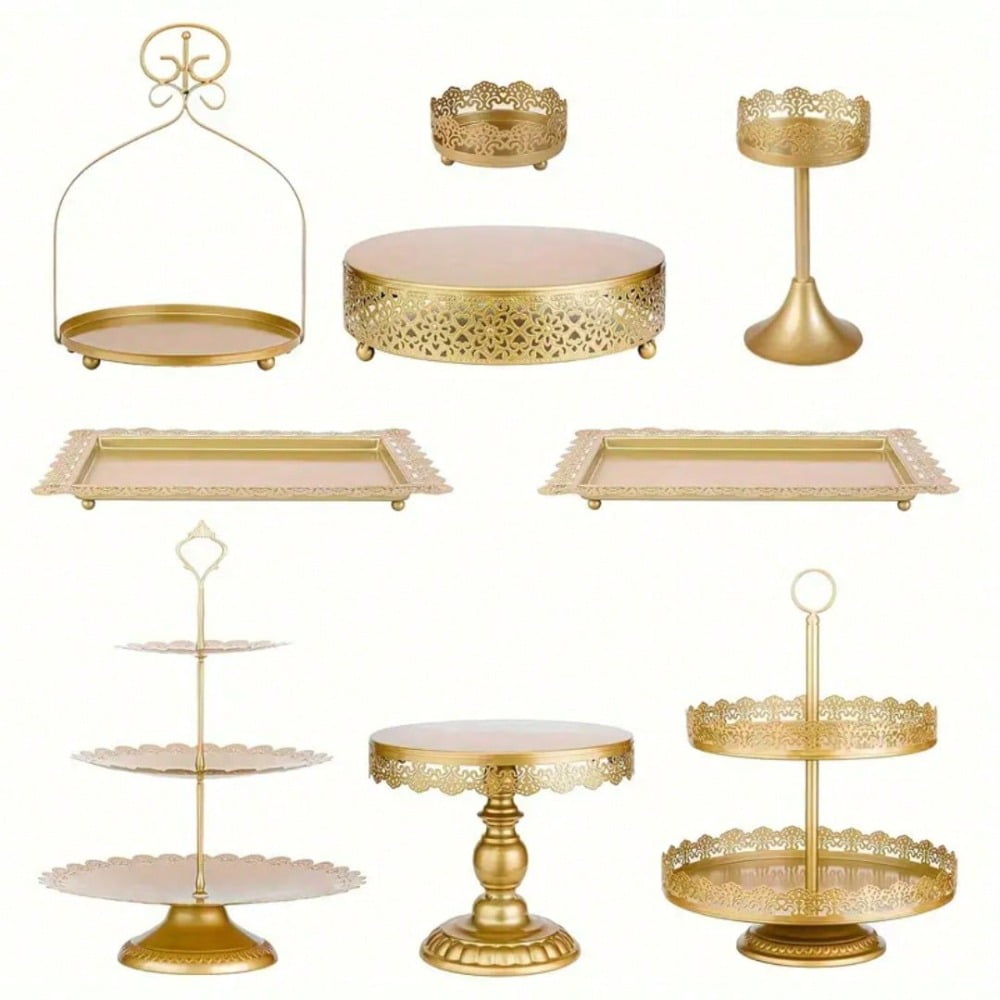 Set Of 9pcs Golden Cake Stand Dessert Table Display Set, Including ...
