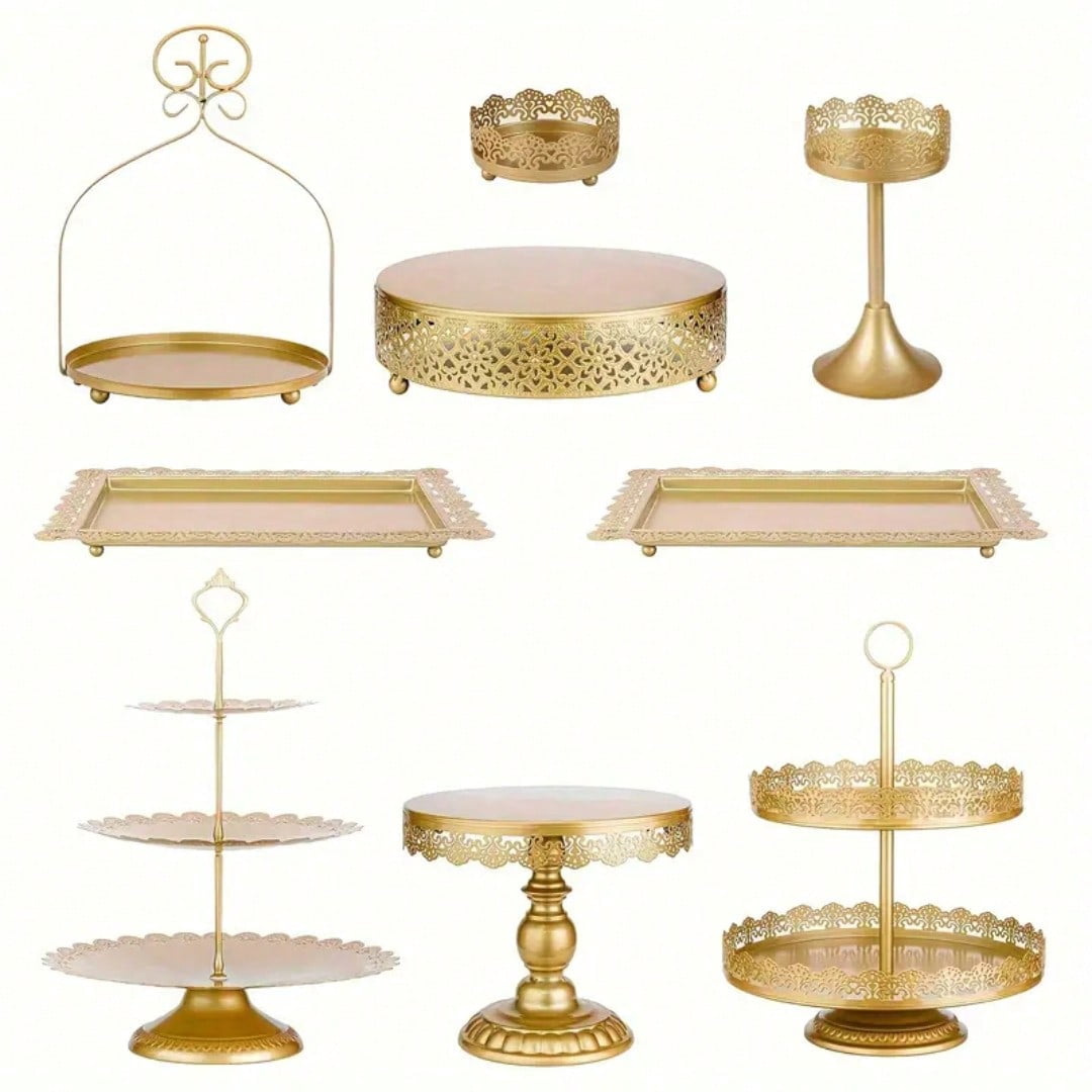 Set Of 9pcs Golden Cake e, Including Three-Layer Cake Stand, Cake Tray ...