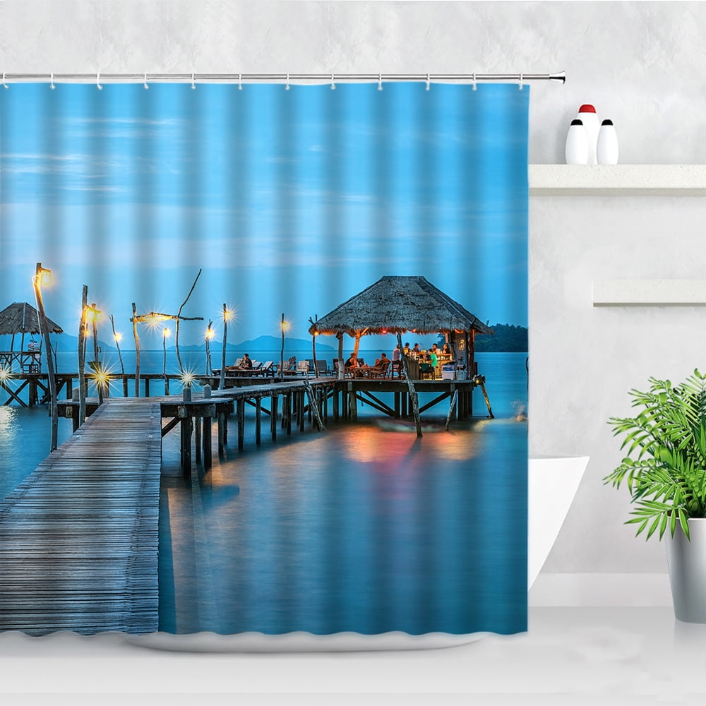 Set Curtain Bath Decor Bathroom Waterproof View Ocean Pool Swimming ...