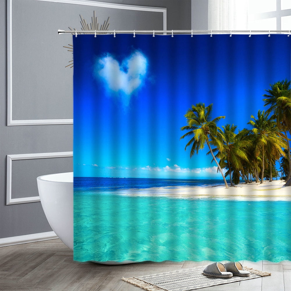 Set Curtain Bathroom Screens Decor Wall Modern Trees Palm Plant Green ...