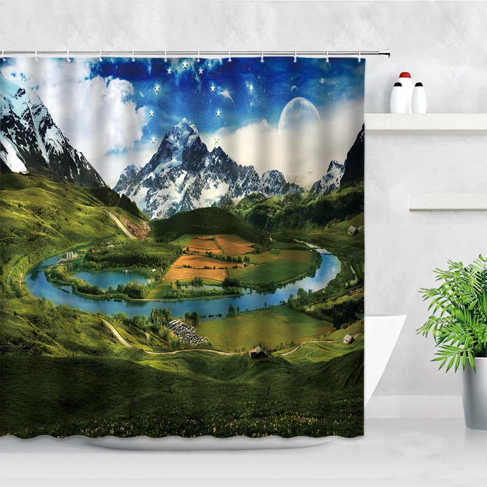 Set Curtain Shower Screens Decor Home Modern Plants Green Forest Water ...