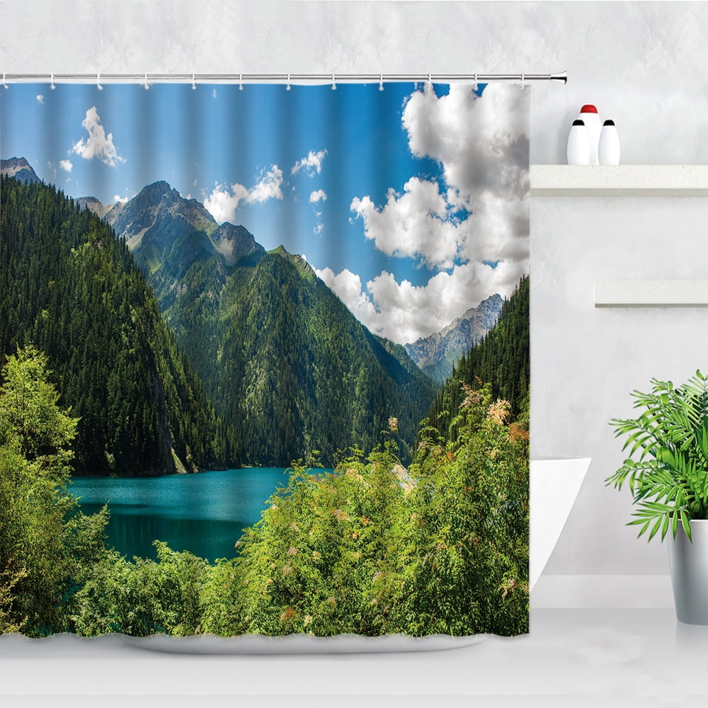 Set Curtain Shower Screens Decor Home Modern Plants Green Forest Water ...