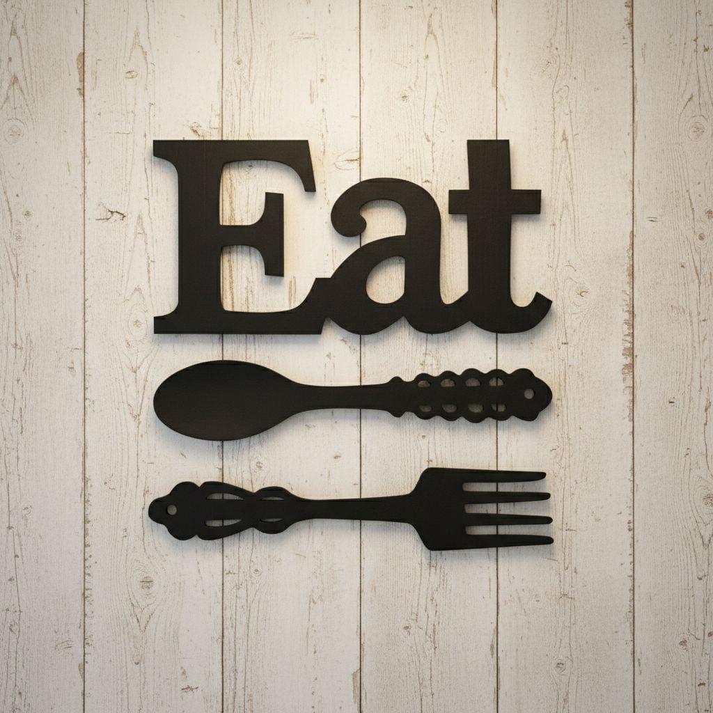 Set of Eat Sign, Fork and Spoon Wall Decor, Rustic Wood Decoration ...