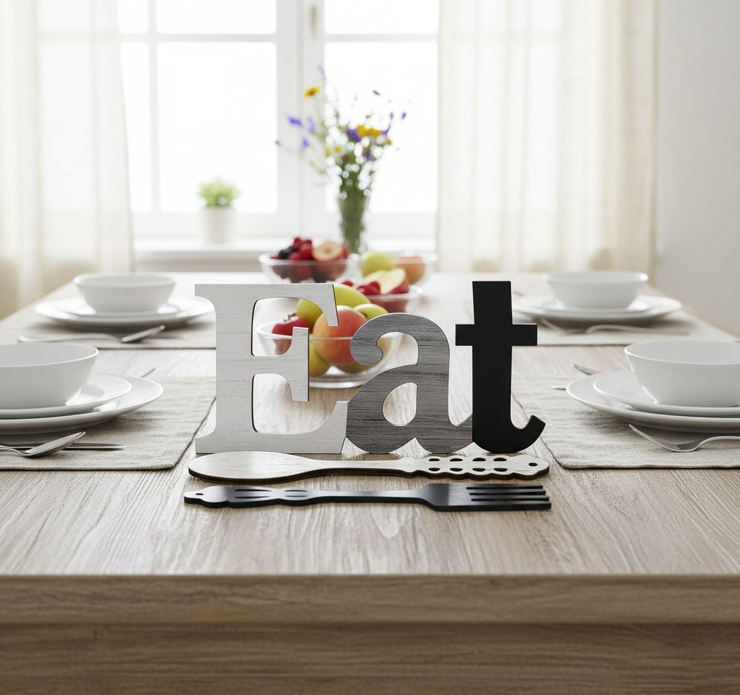Set of Eat Sign, Fork and Spoon Wall Decor, Rustic Wood Decoration ...