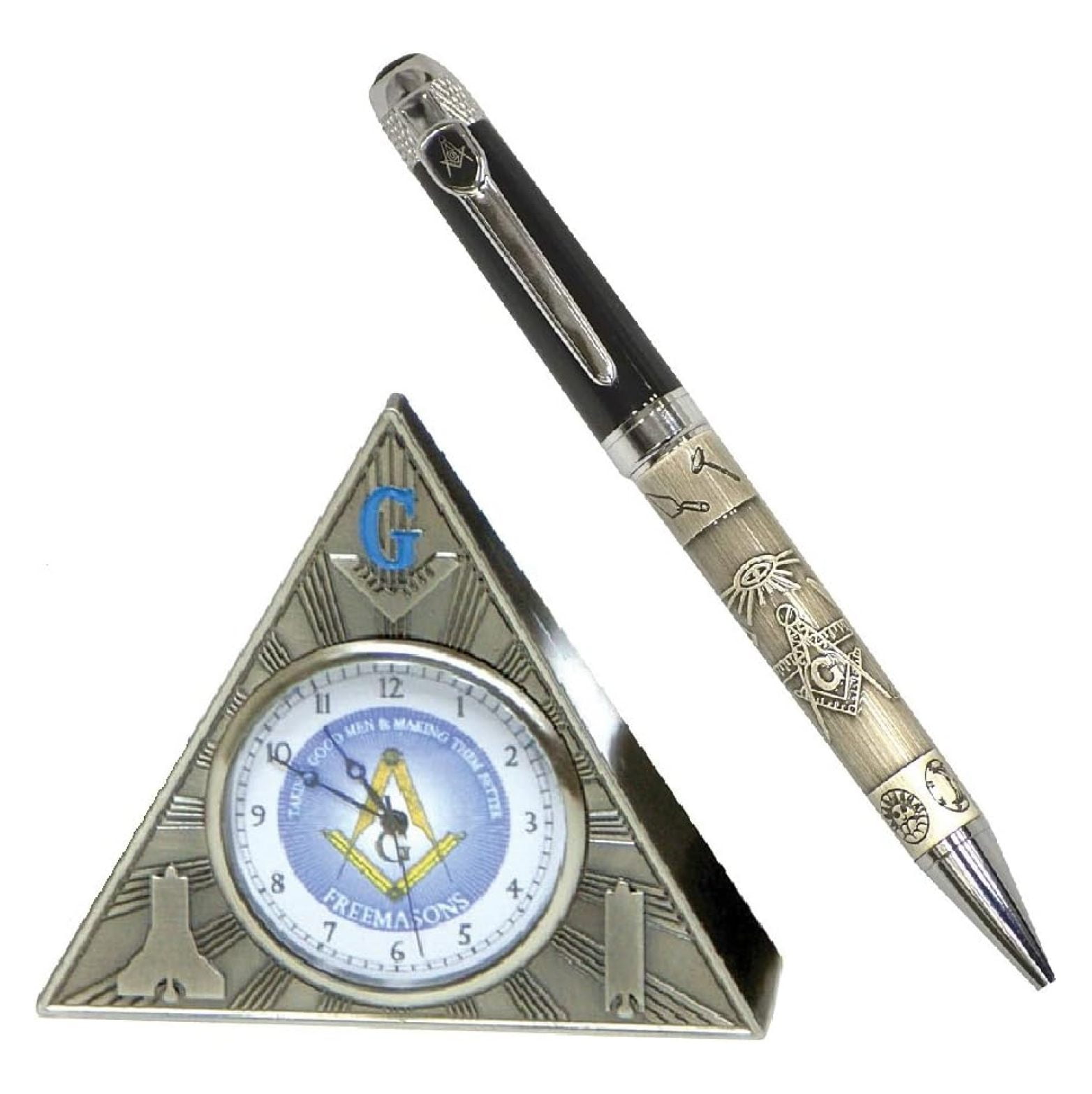 (Set) Freemason Triangle Desk Clock And Ballpoint Pen With Masonic ...