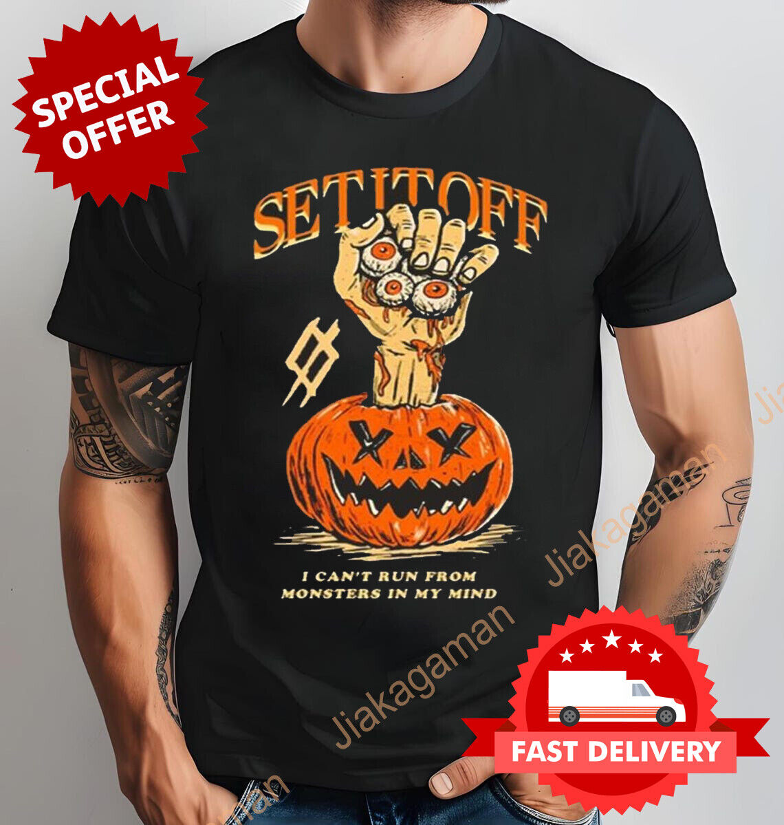 Set It Off Band I Cant Run From Monsters In My Mind Halloween T-Shirt ...