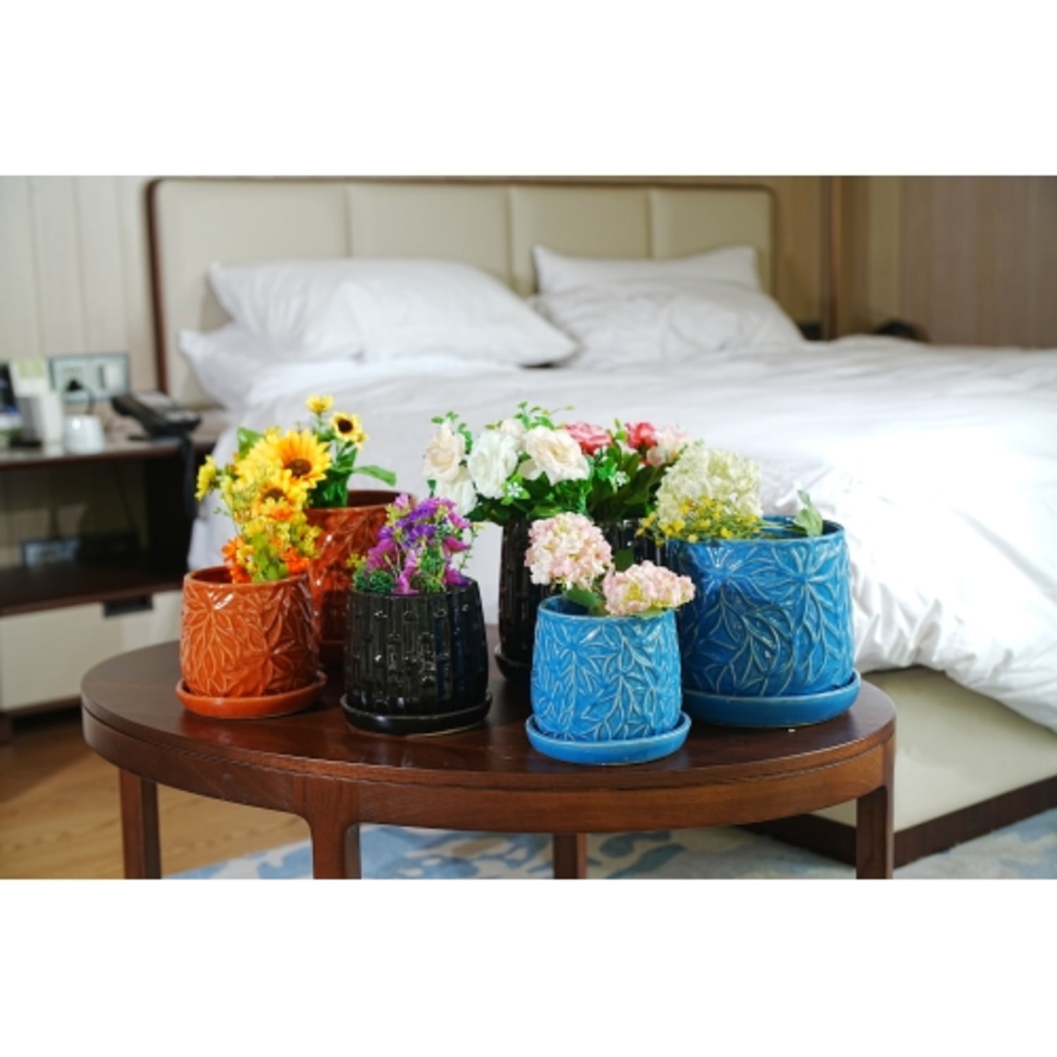 Set Of 2 7 Inch Ceramic Flowerpot Modern Red Planter With Drainage ...