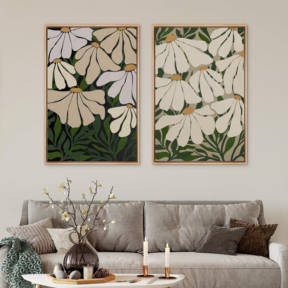 Set Of 2 Abstract Bold White Daisies With Green Leaves Modern Boho ...
