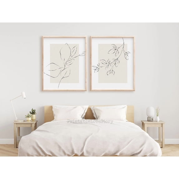 Set Of 2 Abstract Botanical Flower Line Wall Art Prints, Drawing, Leaf ...