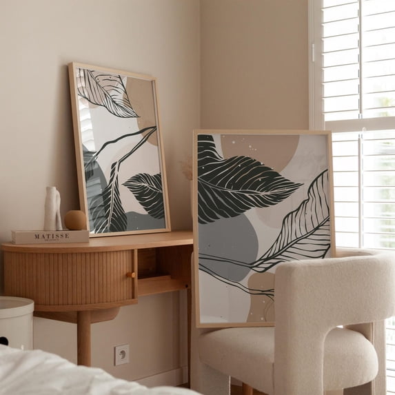 Set Of 2 Abstract Botanical Modern Leaf Line Wall Art Prints, Floral ...