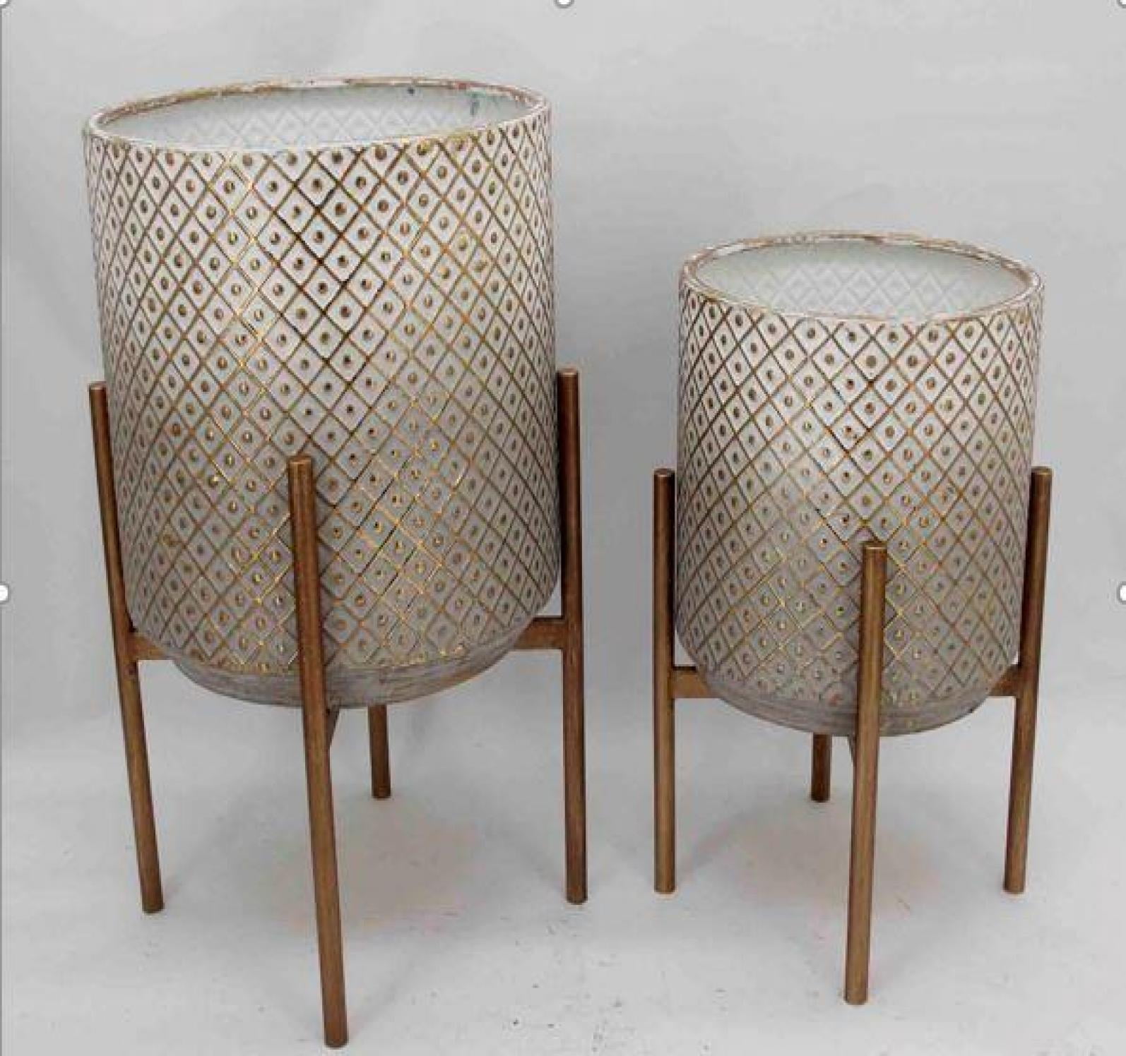 Set Of 2 Antique White With Gold Diamond And Dot Pattern On Metal Legs ...