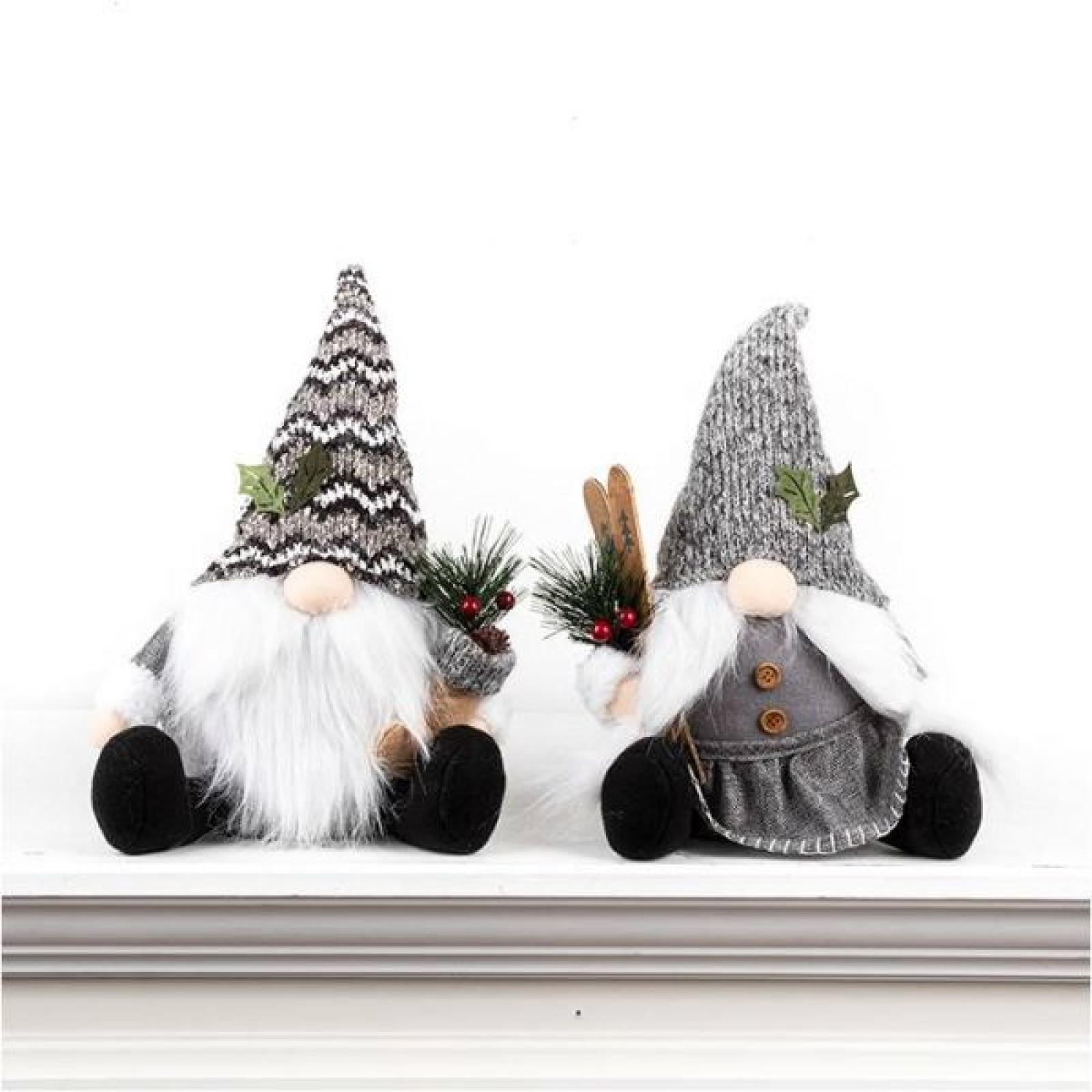 Set Of 2 Assorted Gray And White Fabric Sitting Gnomes Christmas Decor ...