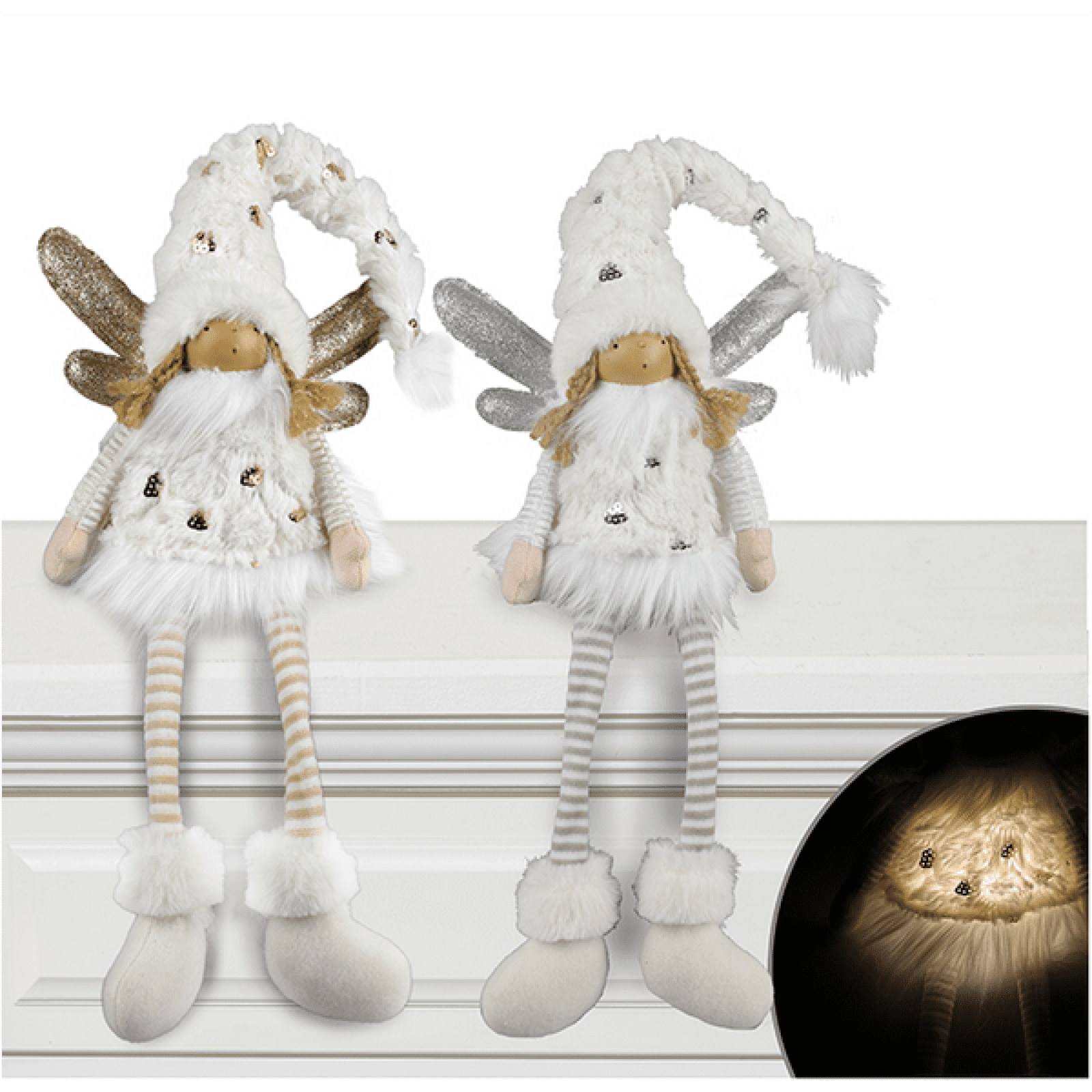 Set Of 2 Assorted Led Lit Sitting Angels With Glitter Wings Christmas ...